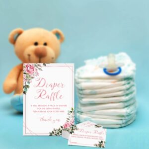 Gihyan Diaper Raffle Baby Shower Game Set(1 Standing Sign + 50 Guessing Cards), Floral Greenery Diaper Raffle Tickets for Baby Shower, Blush Pink Baby Shower Party Favor Decor - A01