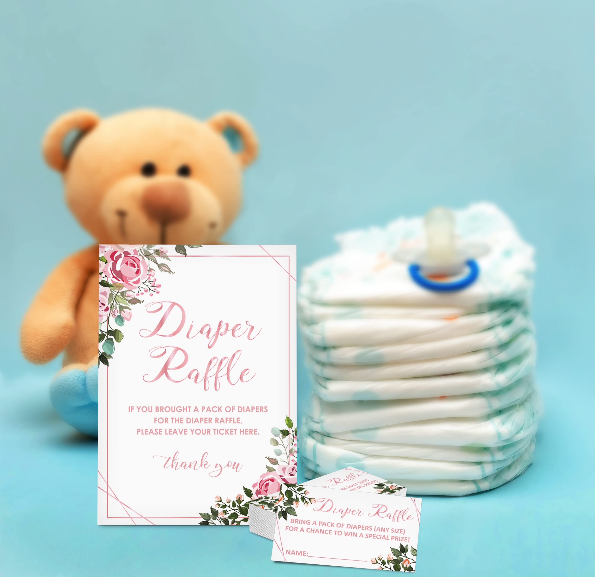 Gihyan Diaper Raffle Baby Shower Game Set(1 Standing Sign + 50 Guessing Cards), Floral Greenery Diaper Raffle Tickets for Baby Shower, Blush Pink Baby Shower Party Favor Decor - A01