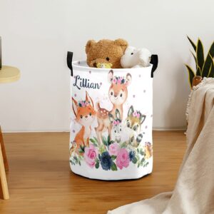 SunFancy Girl Woodland Animals Floral Personalized Laundry Basket Clothes Hamper with Handles Waterproof,Custom Collapsible One Size