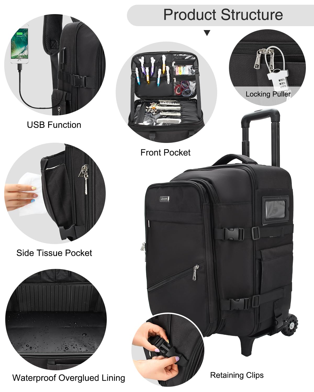 Relavel Barber Travel Backpack, Rolling Makeup Train Case Hairstylist Traveling Bag for Hairdressers and Makeup Artists, Heat Insulation Layer and Adjustable Dividers Cosmetology Case on Wheels