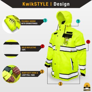 KwikSafety - Charlotte, NC - TORRENT Class 3 Safety Rain Jacket - ANSI Tested OSHA HiVis Weather Proof Reflective Coat Hideaway Hood/Yellow XL