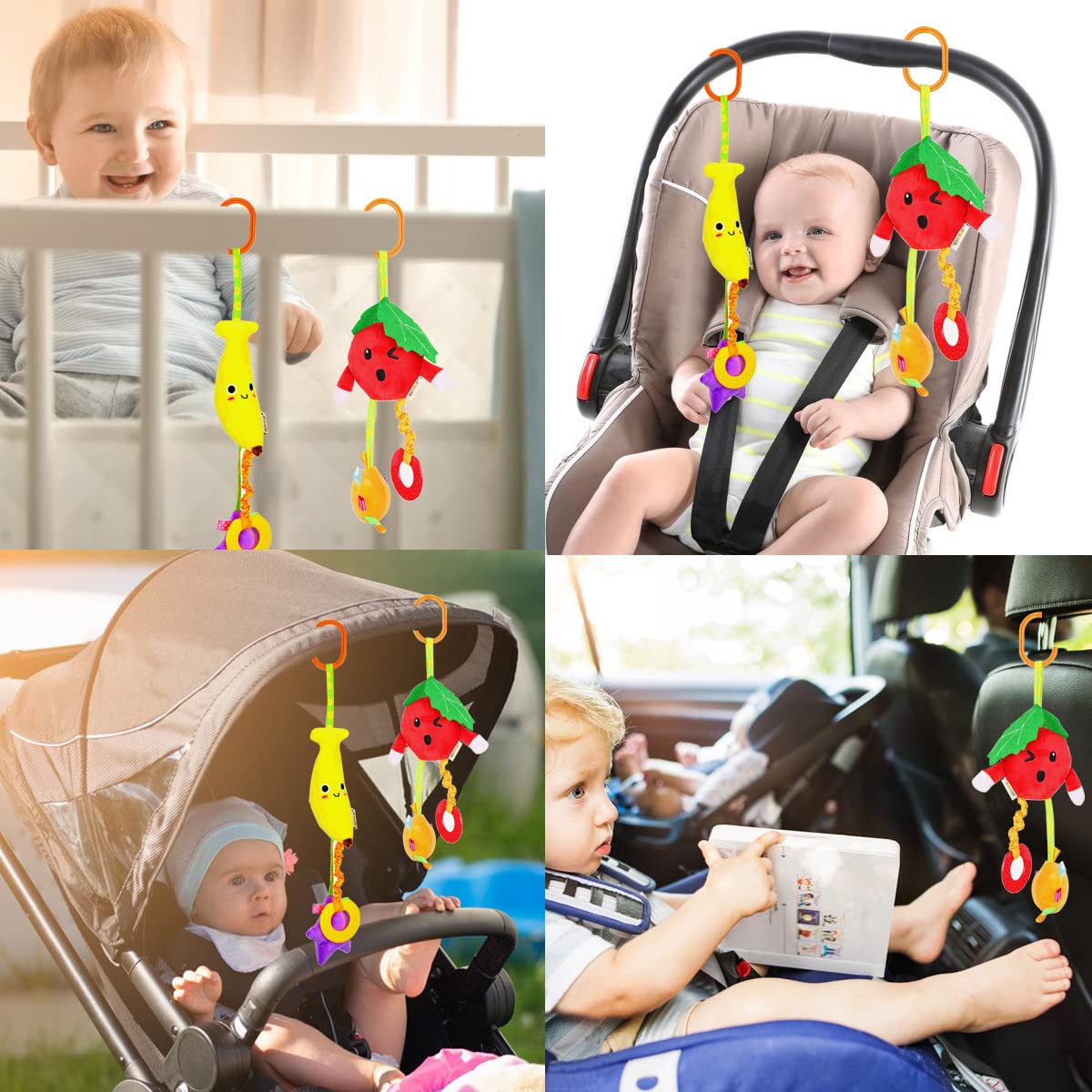 2PCS Soft Plush Hanging Stroller Toys with Teether and Rattles,Newborn Stroller Car Seat Crib Toys Colorful Fruits Sensory Early Development Toy for 0-12 Months Toddlers(Banana ＆ Strawberry)