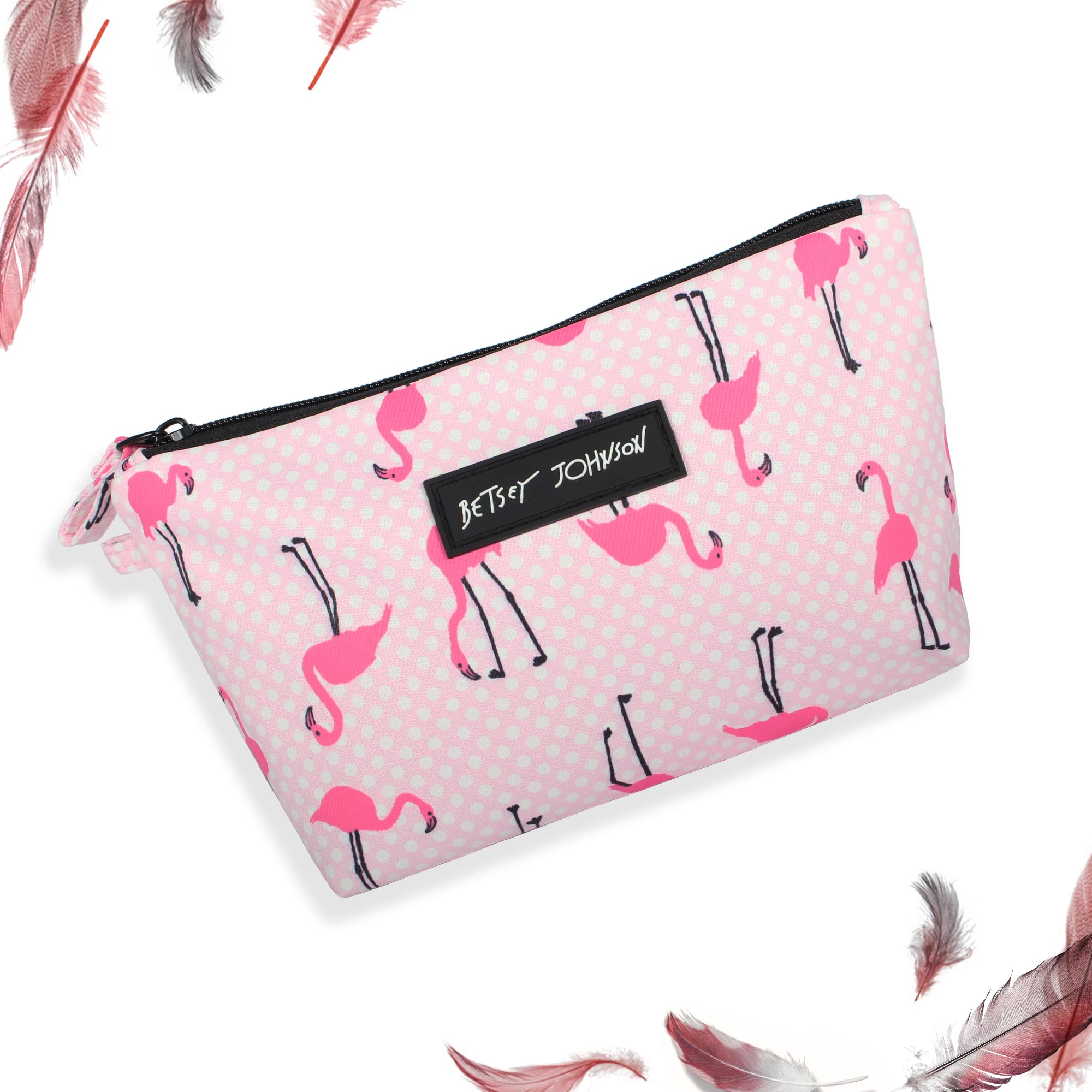 Betsey Johnson 8.5 Inch Zipper Cosmetic Pouch Small Toiletry Bag–Lightweight Durable Polyester Organizer with Inner Zipped Pocket Good For Makeup Accessories and Travel Needs (Flamingo Strut)