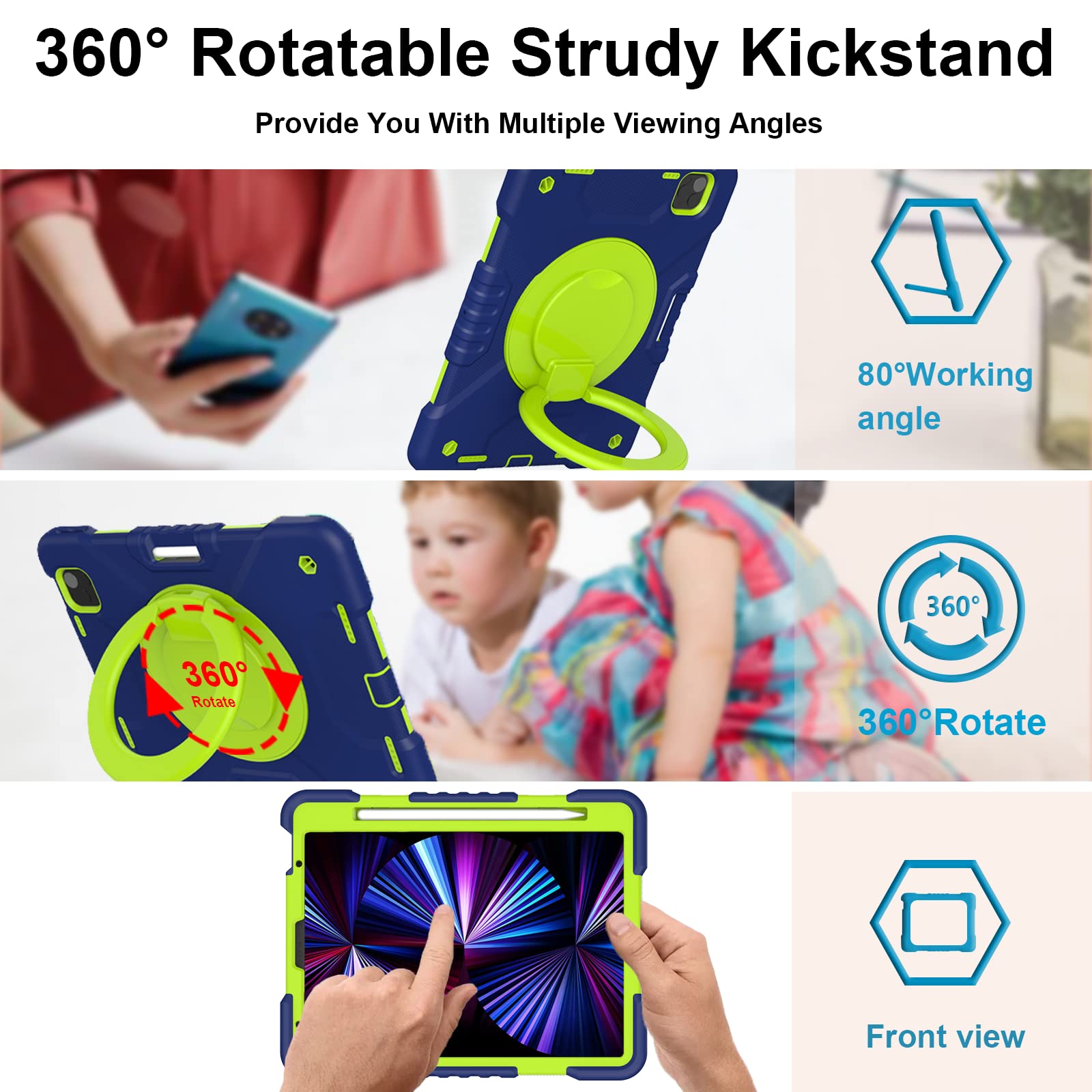 ANDNARY New iPad Pro 11 Inch Case 4th Gen 2022/3rd Gen 2021/2nd Gen 2020/1st Gen 2018 with Pencil Holder, iPad Air Case 5th/4th Generation 10.9 Inch 2022/2020 with 360° Swivel Foldable Stand for Kids