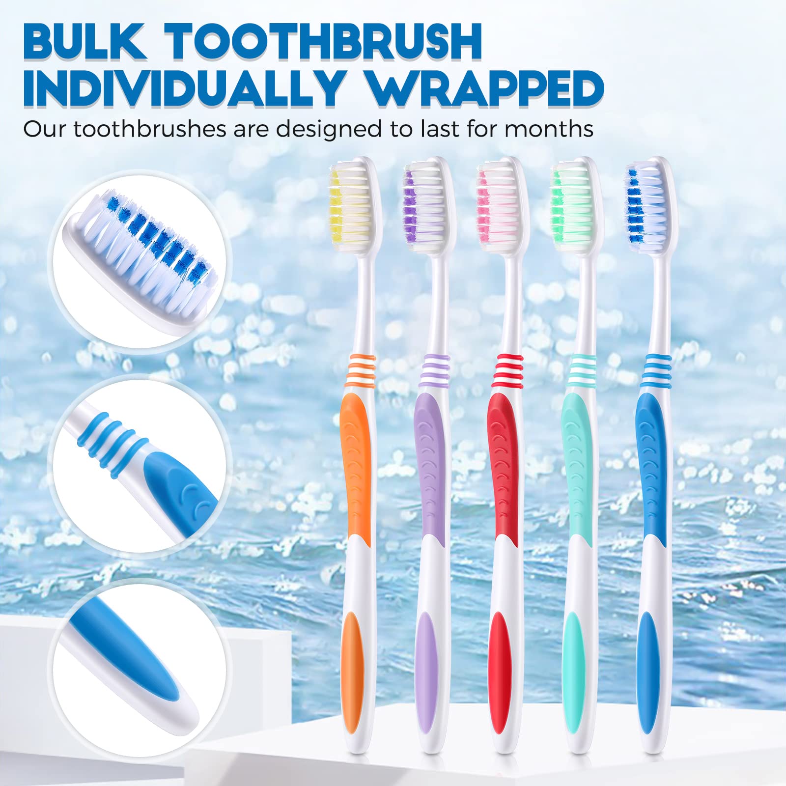 Newtay Individually Wrapped Toothbrushes Manual Disposable Travel Toothbrush Medium Soft Bristle Tooth Brush Travel Toothbrushes for Hotel, Guest, Adults, Multi Color