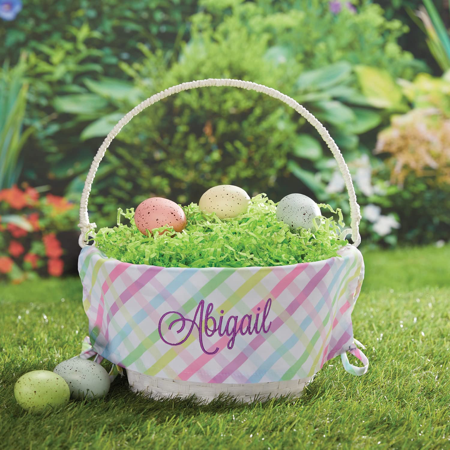 Personalized Easter Egg Basket with Handle and Custom Name in Purple Script | Multicolor Gingham Easter Basket Liners | White Basket | Woven Easter Baskets for Kids Adults | Customized Easter Basket