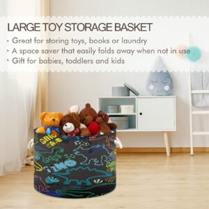 MNSRUU Round Storage Basket 20"x14" Dino T-rex Dinosaurs Collapsible Organizer Basket with Handles, Fabric Nursery Laundry Basket Large Capacity