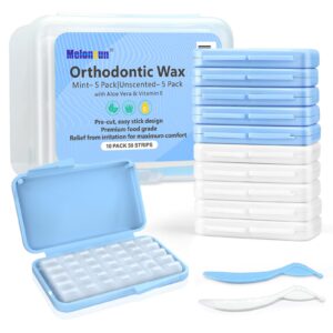 braces wax - 10 pack (50 precut orthowax strips). flavorless & mint. separate cases, a storage box & 2 applicator tools - food-grade premium wax for braces wearer- stick better(w/aloe vera+vitamin e)