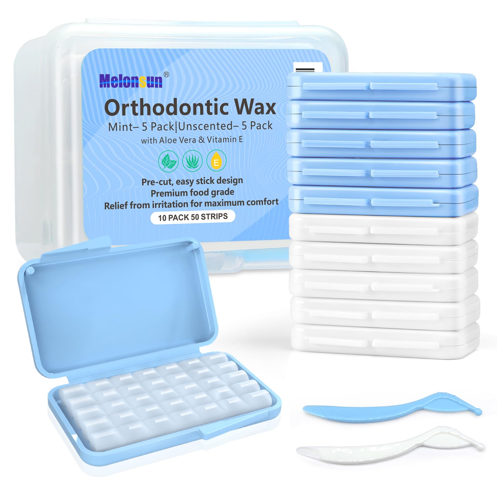 Braces Wax - 10 Pack (50 Precut Orthowax Strips). Flavorless & Mint. Separate Cases, a Storage Box & 2 Applicator Tools - Food-Grade Premium Wax for Braces Wearer- Stick Better(w/Aloe Vera+Vitamin E)