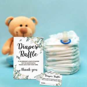 Gihyan Diaper Raffle Baby Shower Game Set(1 Standing Sign + 50 Guessing Cards), Greenery Diaper Raffle Tickets for Baby Shower, Gold Foil Baby Shower Party Favor Decor - A04