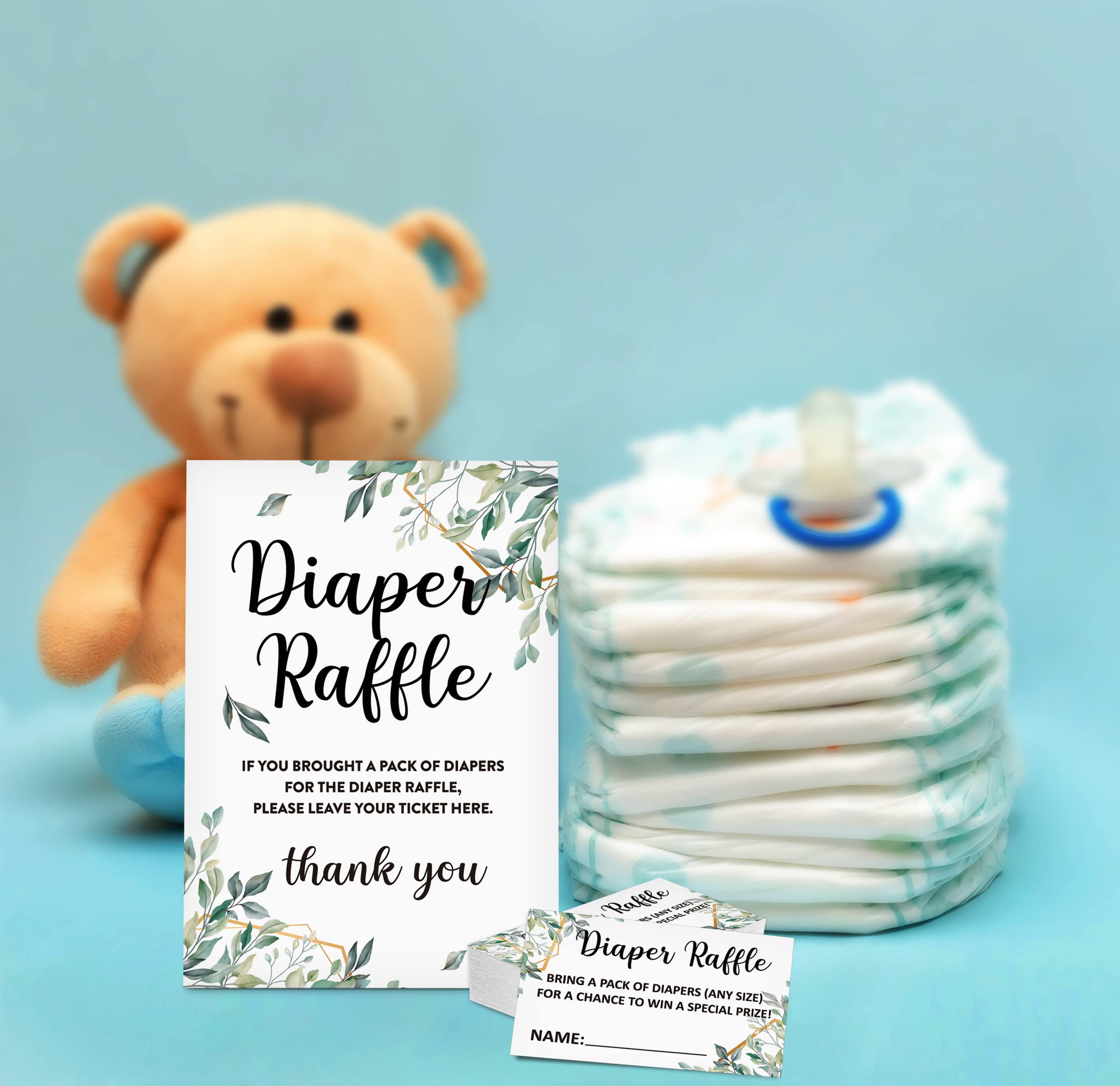 Gihyan Diaper Raffle Baby Shower Game Set(1 Standing Sign + 50 Guessing Cards), Greenery Diaper Raffle Tickets for Baby Shower, Gold Foil Baby Shower Party Favor Decor - A04