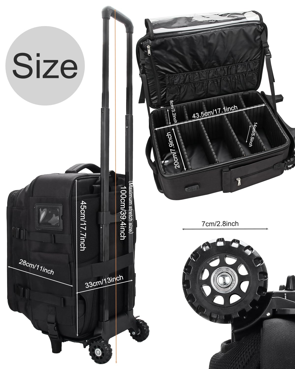 Relavel Barber Travel Backpack, Rolling Makeup Train Case Hairstylist Traveling Bag for Hairdressers and Makeup Artists, Heat Insulation Layer and Adjustable Dividers Cosmetology Case on Wheels