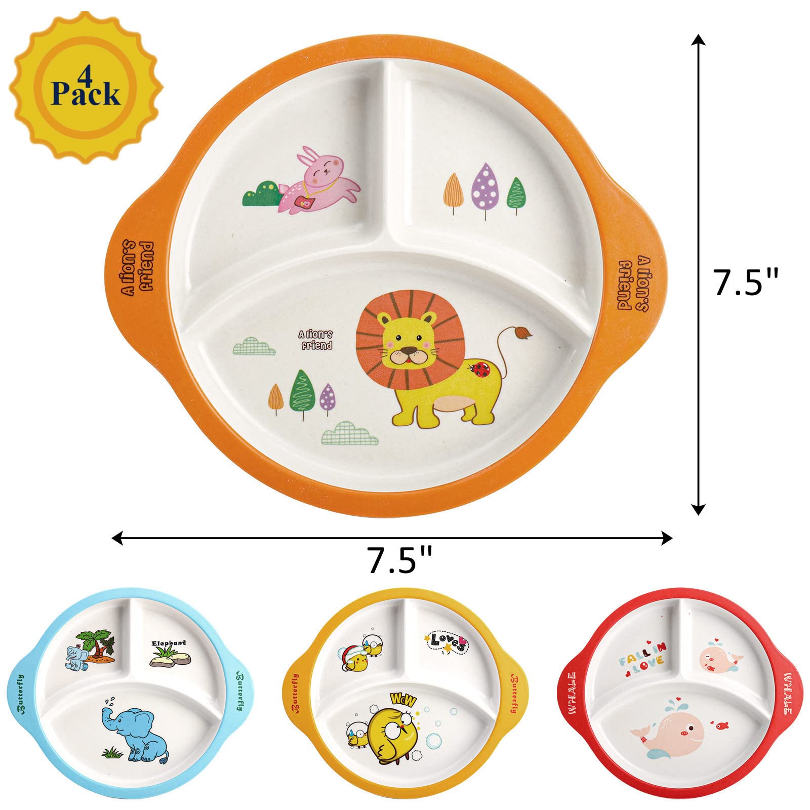 ZOOFOX 4 Pieces Kids Divided Plates, Bamboo Portion Plate with 3 Compartment, Unbreakable Cartoon Tray for Toddlers, Dishwasher Safe, BPA Free