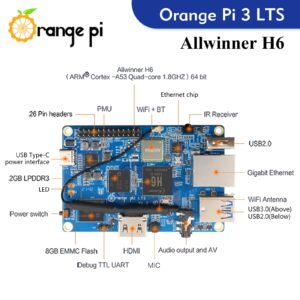 Orange Pi 3 LTS Allwinner H6 2GB LPDDR3 8GB EMMC Flash Quad Core 64 Bit Single Board Computer Support Android 9.0, Ubuntu, Debian Mini PC (PI3 LTS)