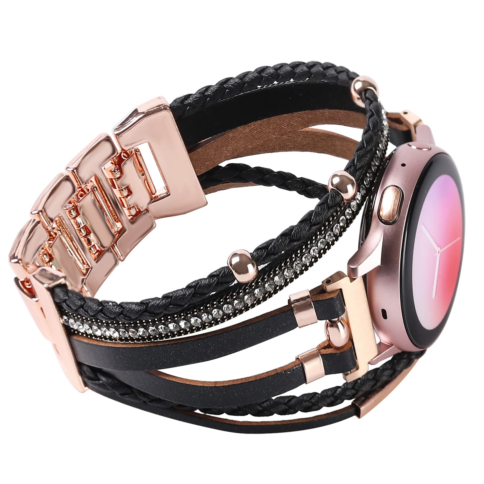 Posh Leather Bands Compatible with Samsung Galaxy Watch 7 6 5 4 40mm 44mm/Watch 6 4 Classic Band 42mm 46mm 43mm 47mm/Galaxy Watch 5 Pro Band 45mm/Active 2, 20mm Boho Bracelet Handmade Strap for Women (Black/Rose Gold)