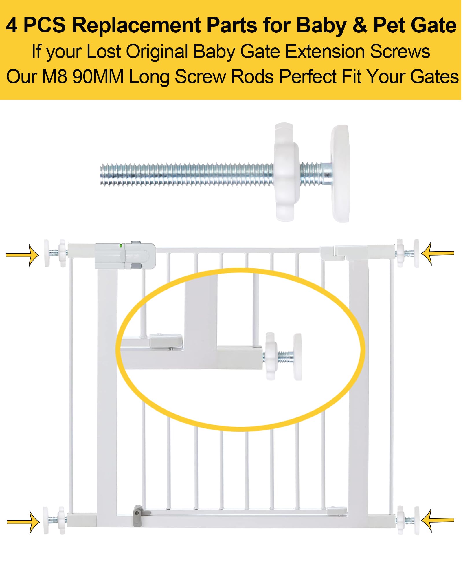 4 Pack Baby Gate Threaded Spindle Rod 8MM(M8), Replacement Screw Bolts Hardware Parts Kit for Pet & Dog Pressure Mounted Safety Door & Stair Gates (a White)