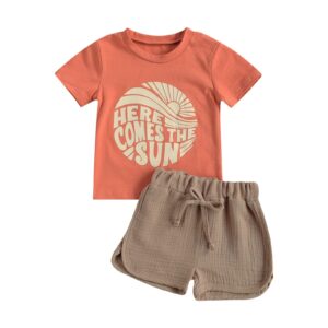 bmnmsl baby toddler boy 2-piece shorts set, short sleeve cute sun print t-shirt tops and shorts summer outfit (here comes the sun, 18-24 months)