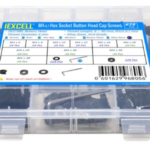 iexcell 675 Pcs M4 x 6/8/10/12/16/20/25/30/35/40 Alloy Steel 10.9 Grade Hex Socket Button Head Cap Screws Bolts Nuts Washers Assortment Kit, Black Oxide Finish