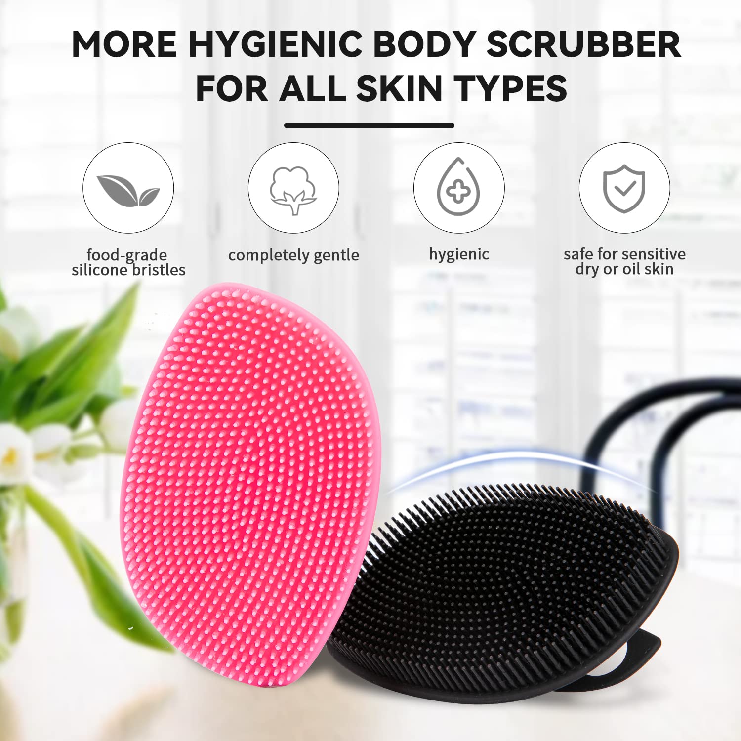 HieerBus Silicone Body Scrubber Flat Shower Brush Gentle Exfoliating and Massage,Long Bristles Lathers Well and More Hygienic Than Traditional Loofah 1 Pack (Black)