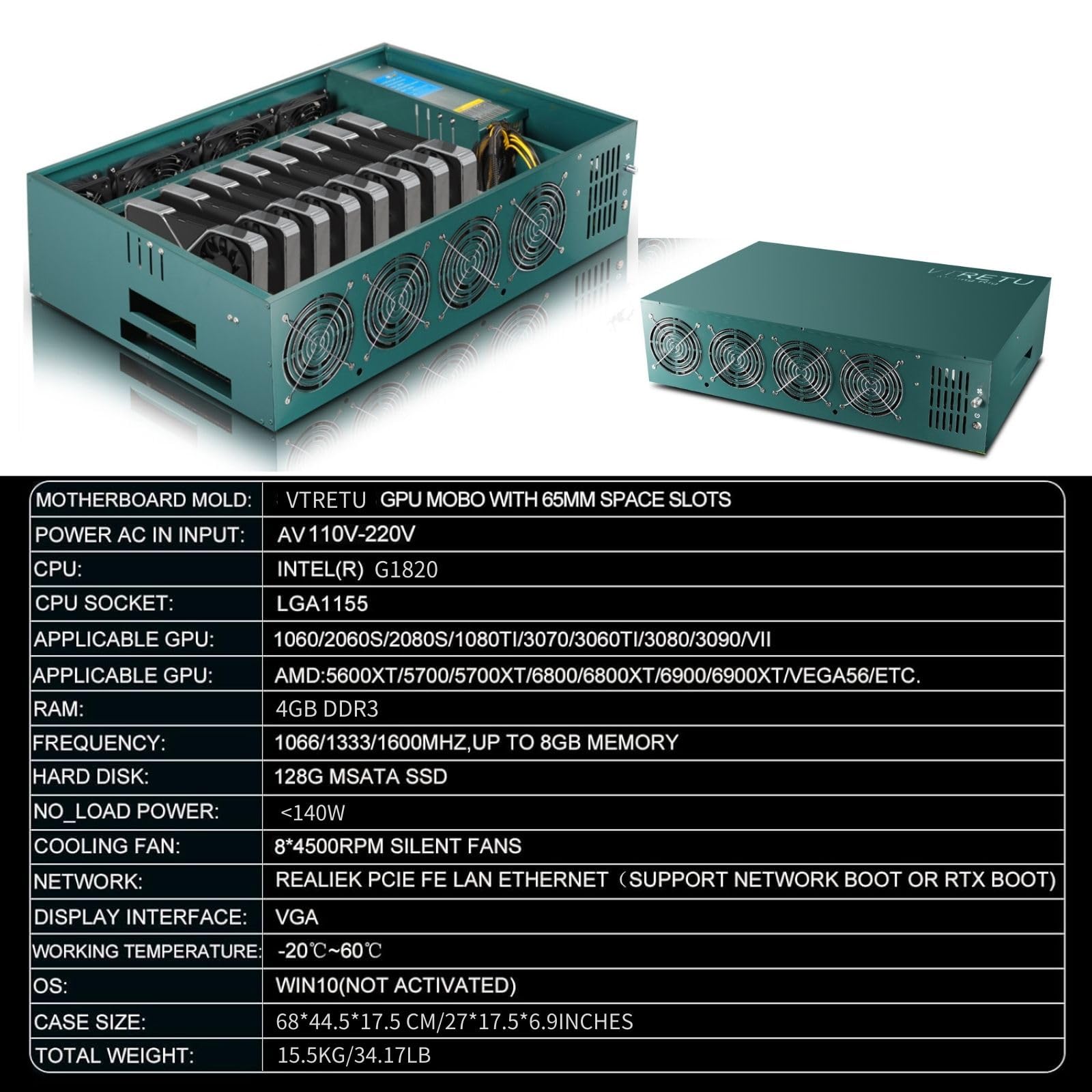 8GPU Mining Rig Complete Crypto Miner with Windows10,Including 8GPU Mining Motherboard 2000W Power Supply,CPU,SSD,4G RAM, 8 GPU Mining Case for ETC/LTC/XHV/Monero/Ravencoin(Without GPU)