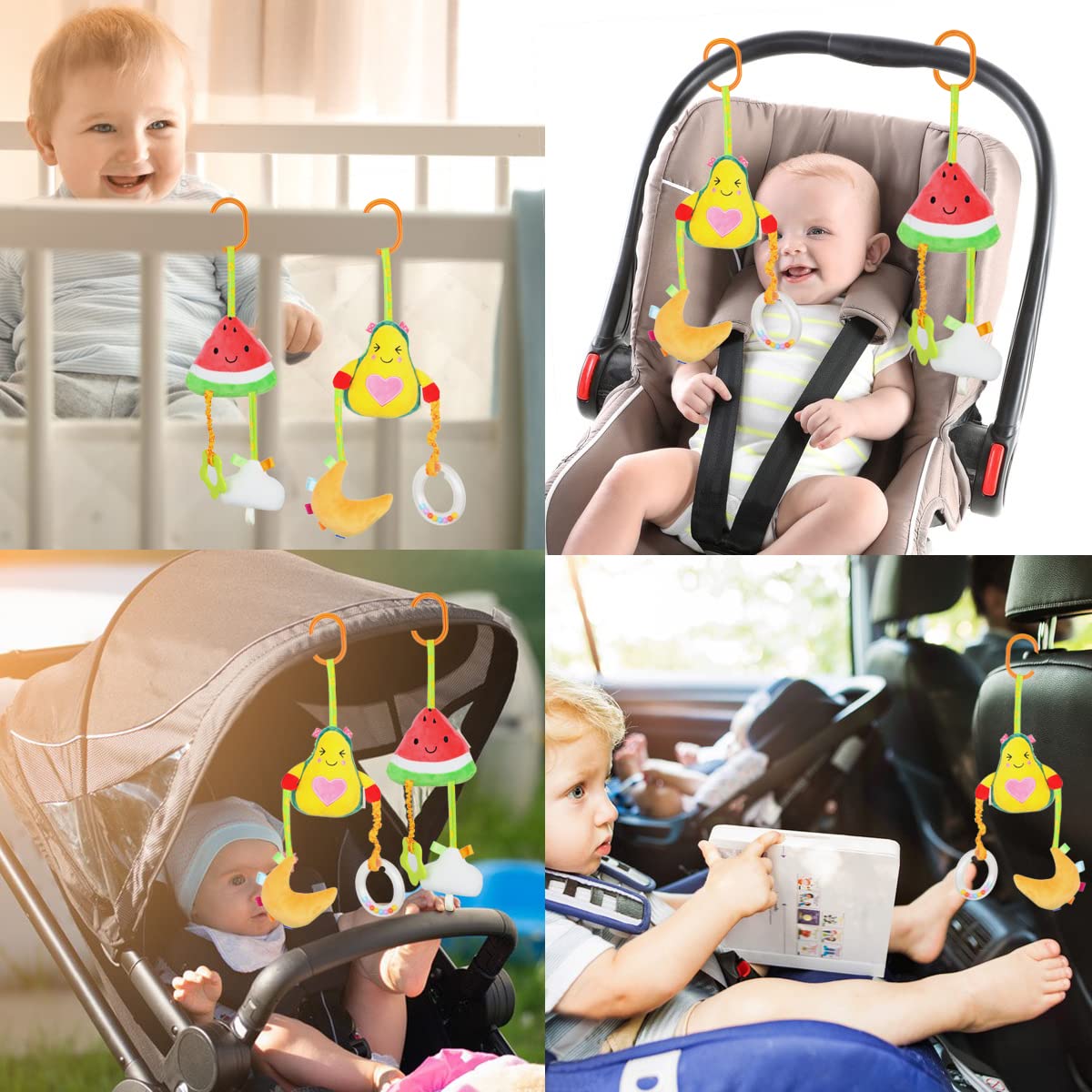 2PCS Soft Plush Hanging Stroller Toys with Teether and Rattles,Newborn Stroller Car Seat Crib Toys Colorful Fruits Sensory Early Development Toy for 0-12 Months Toddlers