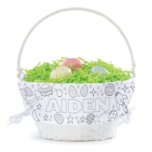 space theme diy personalized easter egg basket with handle and custom name | color it yourself easter basket liners | white basket | woven easter baskets for kids | customized easter basket