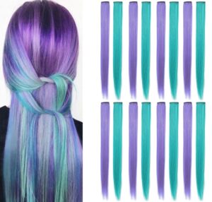 sararhy colored hair extensions clip in 21 inch straight synthetic hair accessories party highlights colorful hairpieces for kids women girls wig pieces 16 pcs (teal lavender)