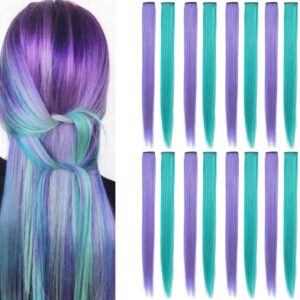 SARARHY Colored Hair Extensions Clip in 21 inch Straight Synthetic Hair Accessories Party Highlights Colorful Hairpieces for Kids Women Girls Wig Pieces 16 Pcs (Teal Lavender)