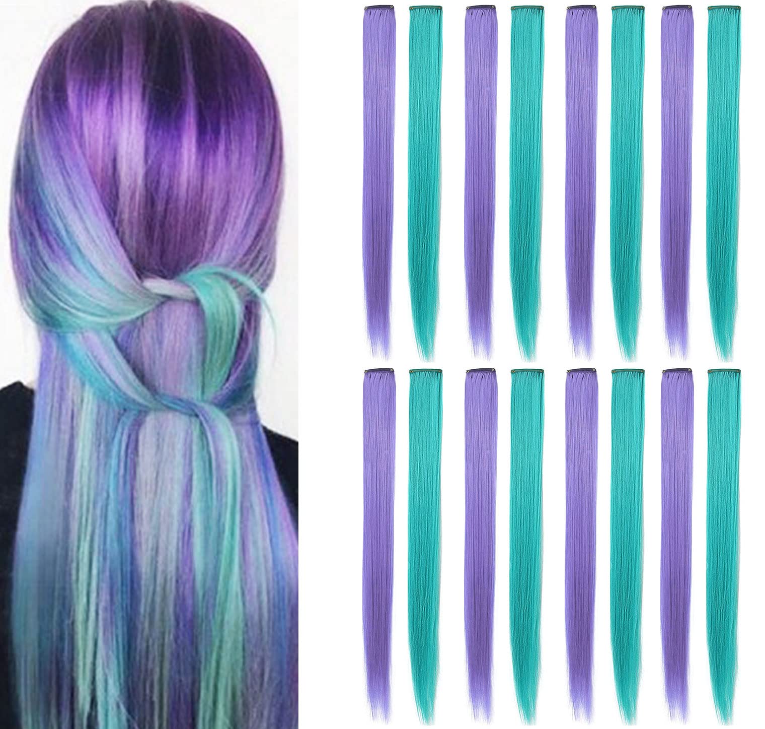 SARARHY Colored Hair Extensions Clip in 21 inch Straight Synthetic Hair Accessories Party Highlights Colorful Hairpieces for Kids Women Girls Wig Pieces 16 Pcs (Teal Lavender)