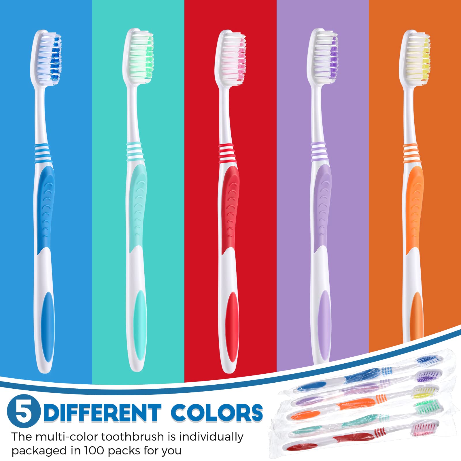 Newtay Individually Wrapped Toothbrushes Manual Disposable Travel Toothbrush Medium Soft Bristle Tooth Brush Travel Toothbrushes for Hotel, Guest, Adults, Multi Color