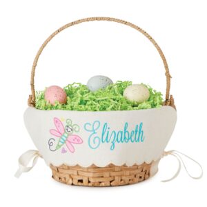 dragonfly personalized easter egg basket with handle and custom name | scallop edge linen easter basket liners | tan basket | woven easter baskets for kids | customized easter basket