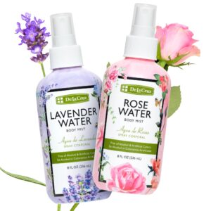 de la cruz - rose water spray and lavender water spray bundle - spray mist for skin, hair and body - 8 fl oz each