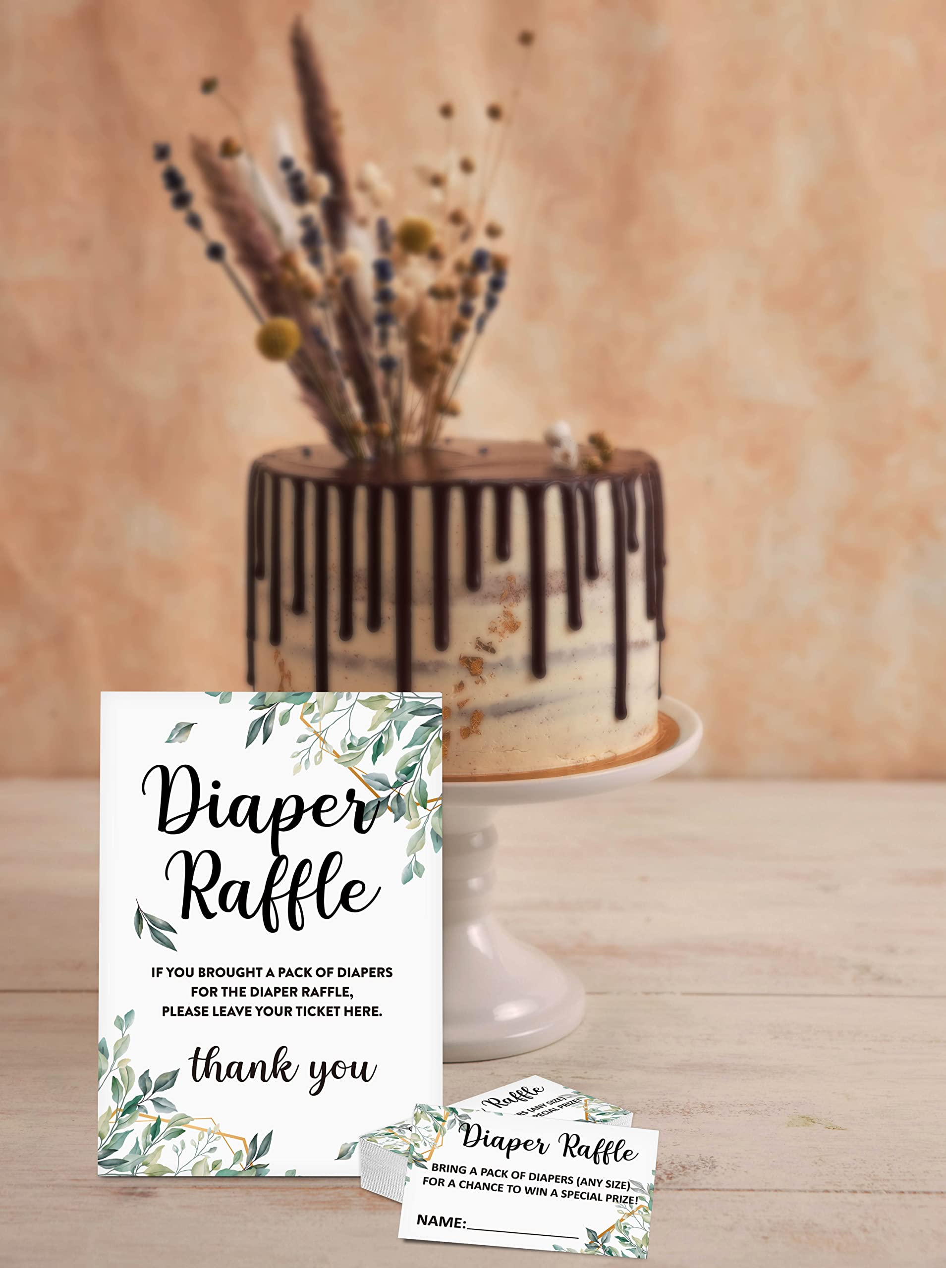 Gihyan Diaper Raffle Baby Shower Game Set(1 Standing Sign + 50 Guessing Cards), Greenery Diaper Raffle Tickets for Baby Shower, Gold Foil Baby Shower Party Favor Decor - A04