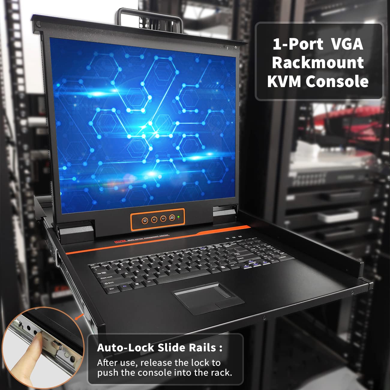 1U Rackmount KVM Console, 17" Rack Mount Monitor Keyboard, Single Port VGA KVM, 18.9" Deep, 1280X1024 60Hz, Includes 1 USB VGA KVM Cable,1 Power Cord,2 Brackets, Support Windows, Linux, Mac and Sun