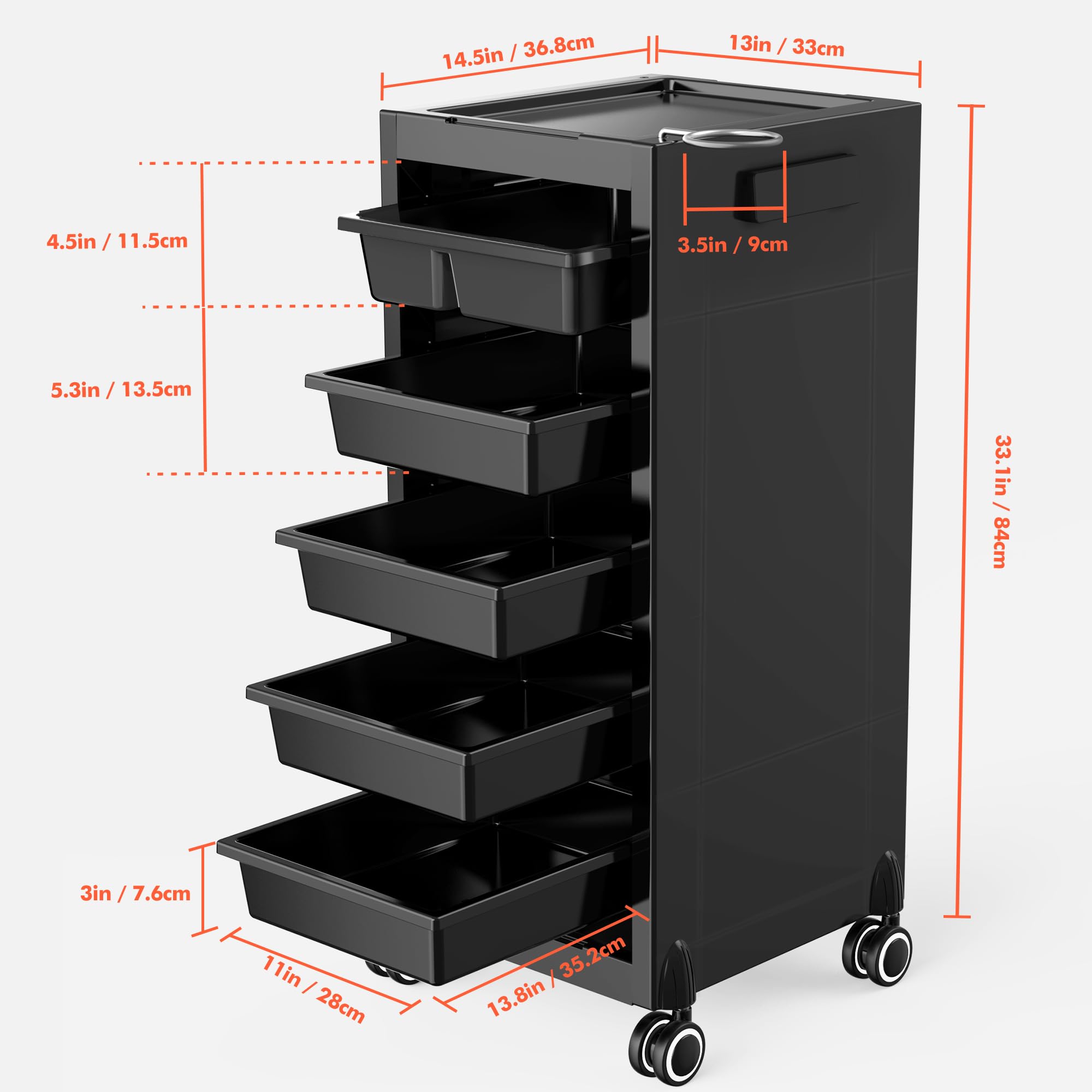 TASALON New Salon Trolley Cart with Wheels for Extra Storage, 5 Drawers & Dryer Holder, Space Saving Salon Cart with Lighter & Strong Material, Multipurpose Beauty Cart, Hair Cart, Tattoo Tray Cart