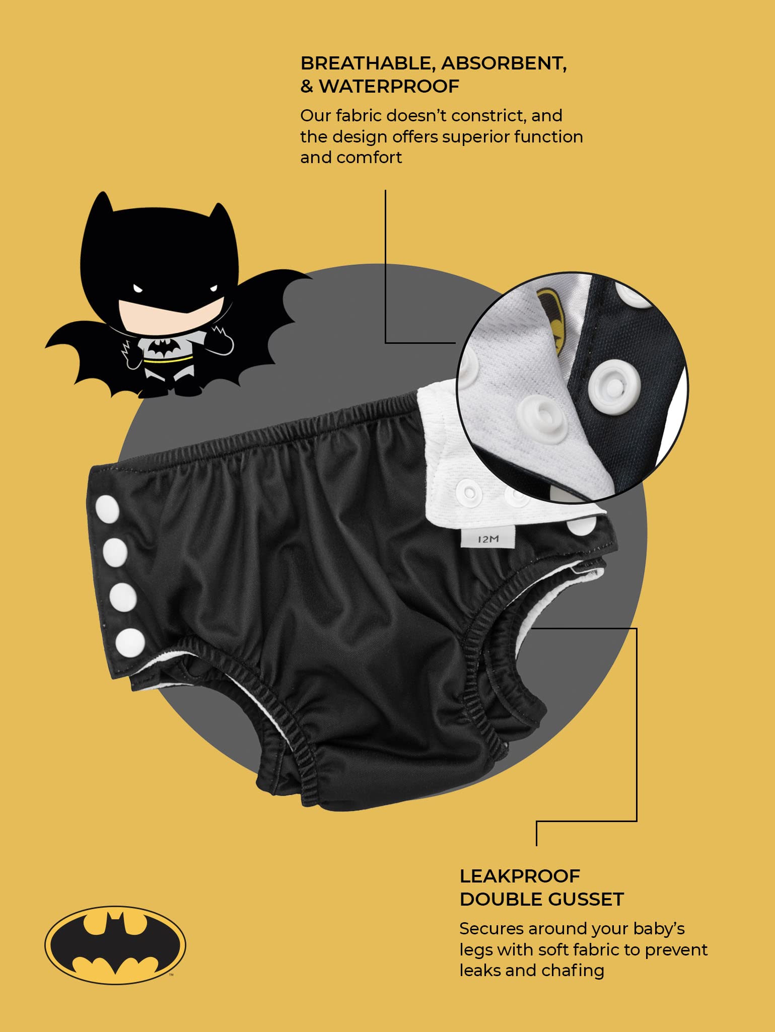 Simple Being Adjustable Snap Reusable Swim Diaper, Double Gusset (DC Batman 12 Months)