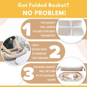 Baby Changing Basket Kit - Macrame Boho Moses Basket for Babies, Handmade 100% Cotton, Woven Portable Nursery Decor, Waterproof Pad & Floral Pad, Milestone Cards, Changing Table Topper for Dresser