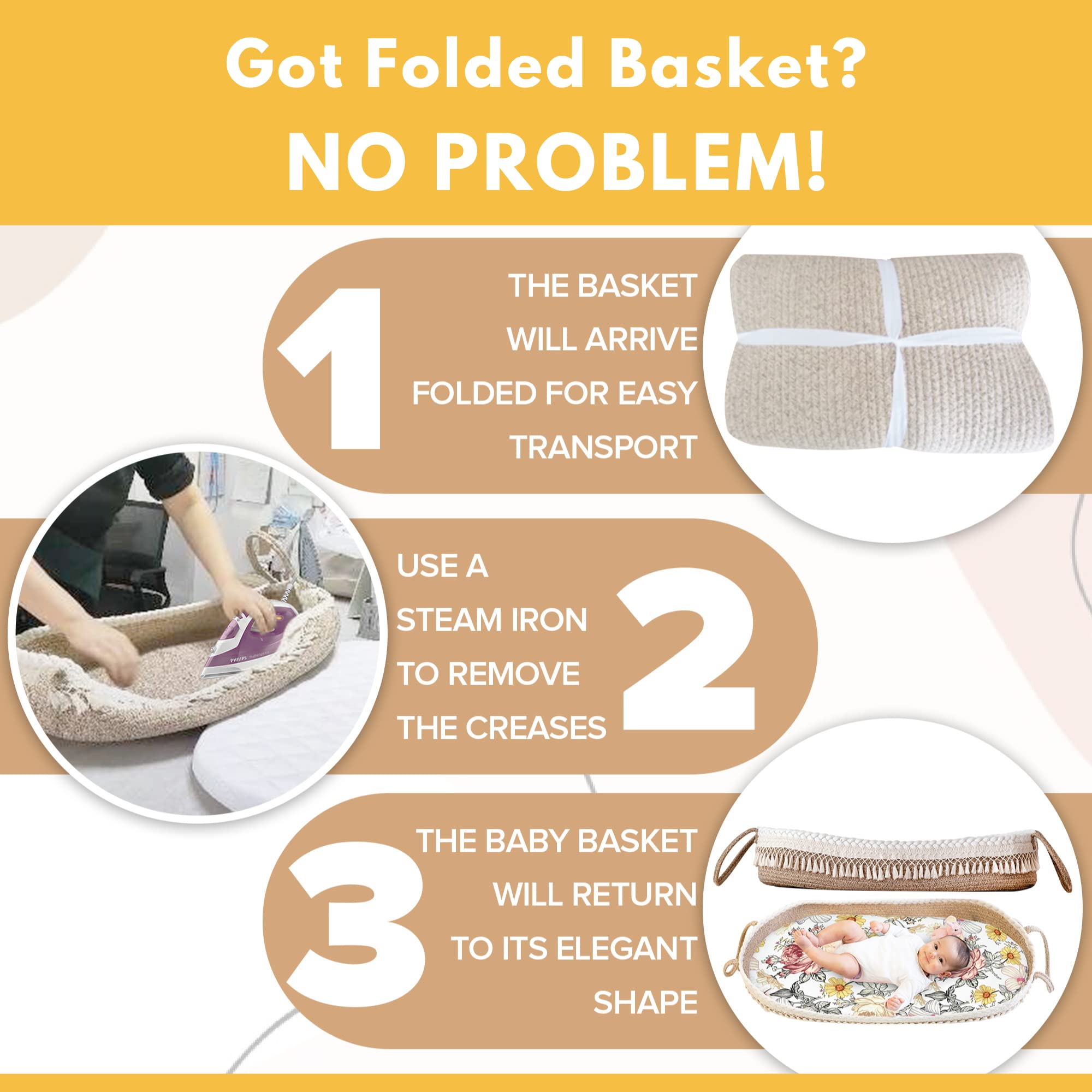 Baby Changing Basket Kit - Macrame Boho Moses Basket for Babies, Handmade 100% Cotton, Woven Portable Nursery Decor, Waterproof Pad & Floral Pad, Milestone Cards, Changing Table Topper for Dresser