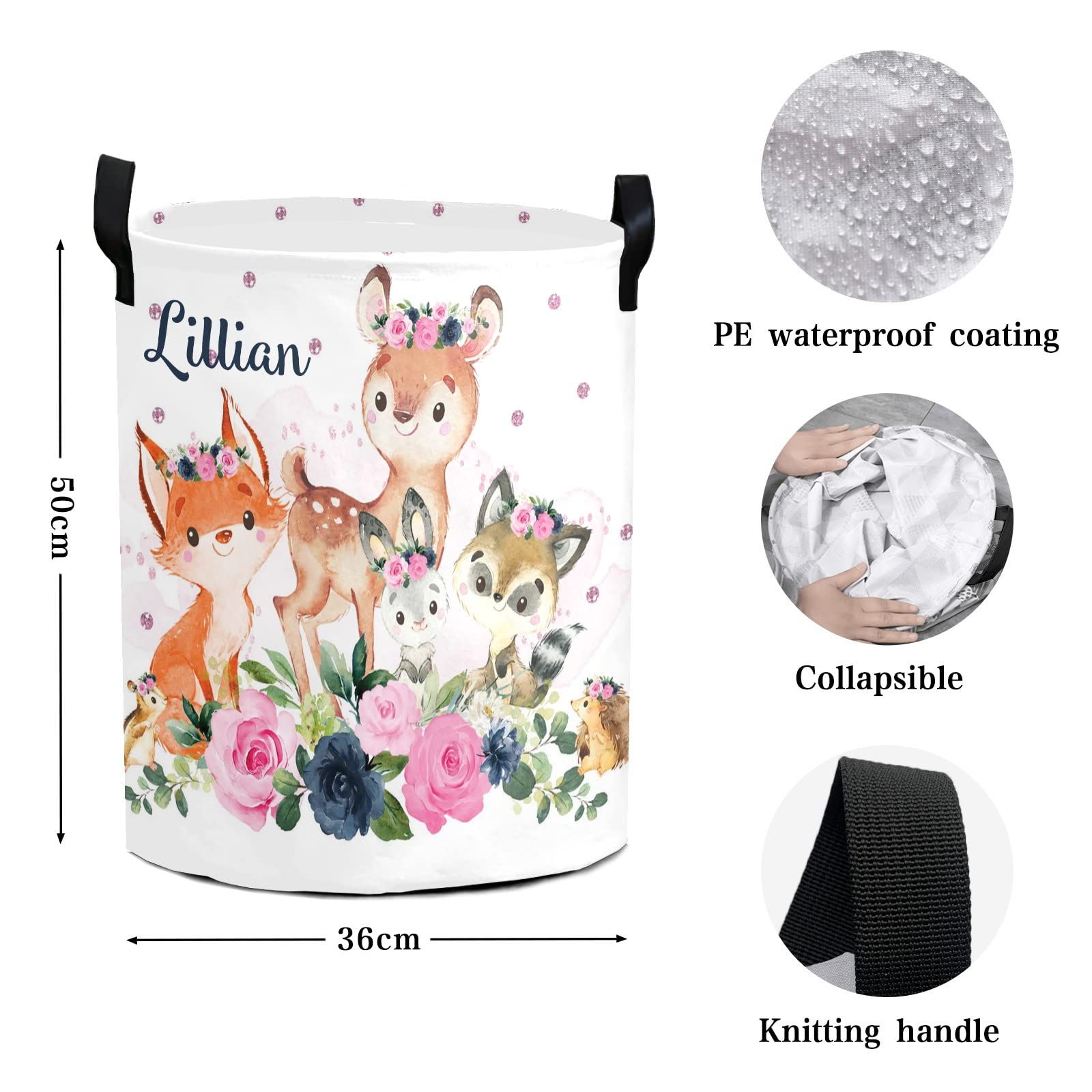 SunFancy Girl Woodland Animals Floral Personalized Laundry Basket Clothes Hamper with Handles Waterproof,Custom Collapsible One Size