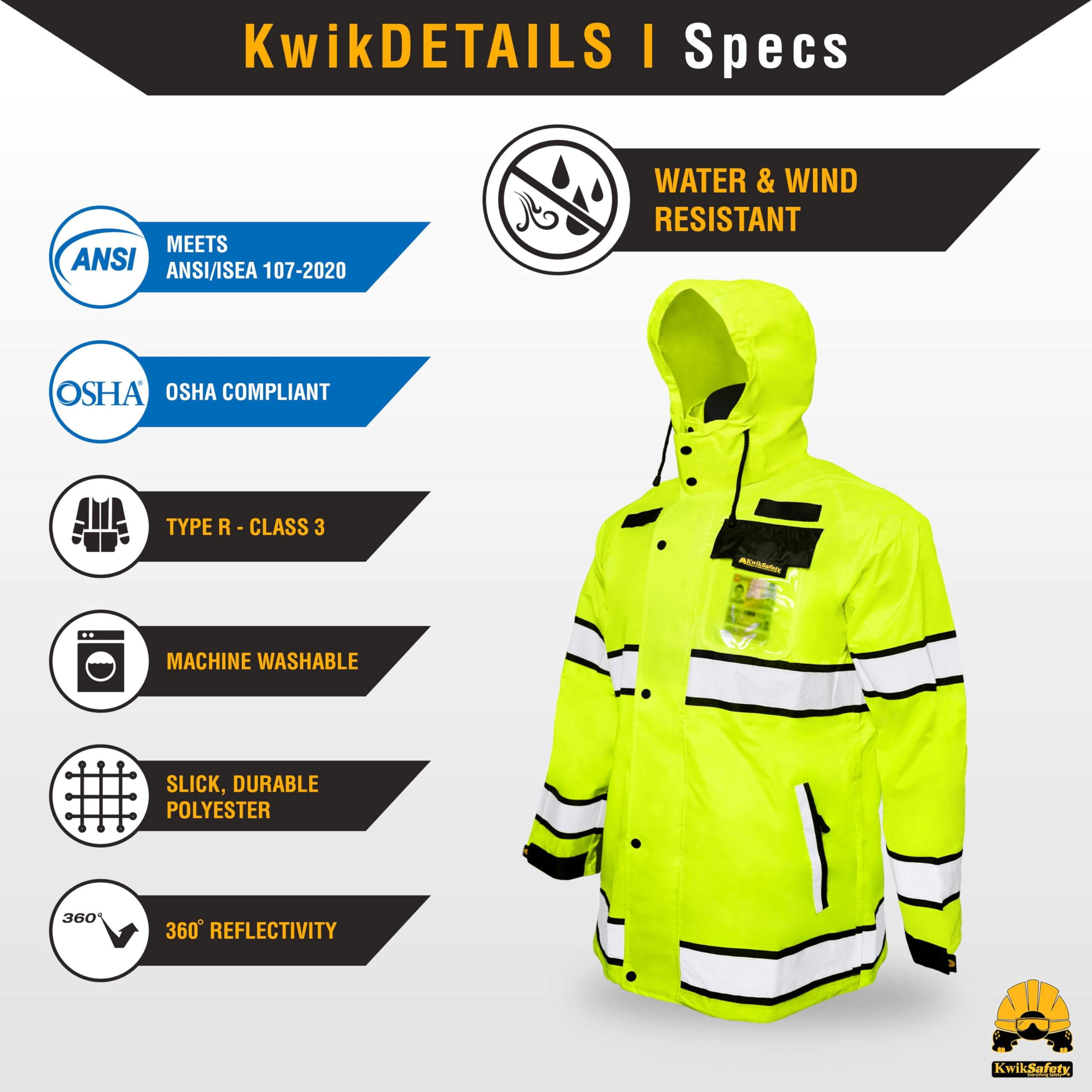 KwikSafety - Charlotte, NC - TORRENT Class 3 Safety Rain Jacket - ANSI Tested OSHA HiVis Weather Proof Reflective Coat Hideaway Hood/Yellow XL