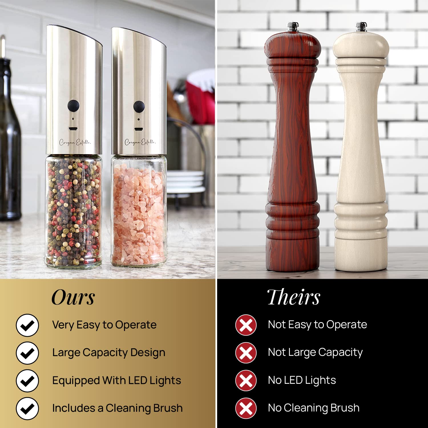 Automatic USB Rechargeable Salt and Pepper Grinder Set - Gravity Electric Salt and Pepper Grinder Set with LED Light and Adjustable Coarseness - Easy to Clean - Cleaning Brush Included - Ideal Gift