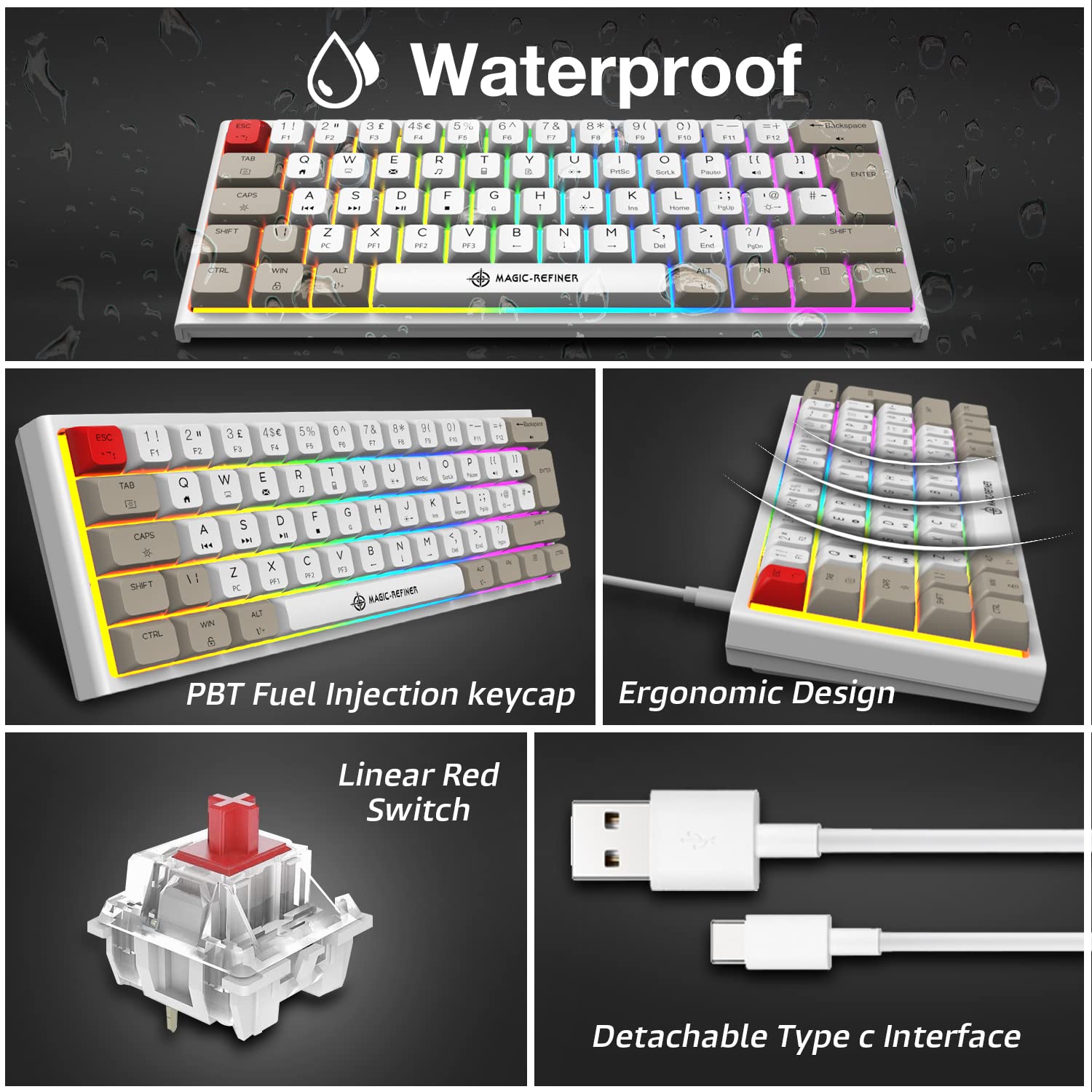 MAGIC-REFINER 60% Gaming Keyboard and Mouse Combo,PBT Dye Sublimation Keycap,Wired Ergonomic Mechanical Keyboard+RGB Lightweight Honeycomb Mouse,12000 DPI Optical Sensor for PC/Mac (White/Red Switch)