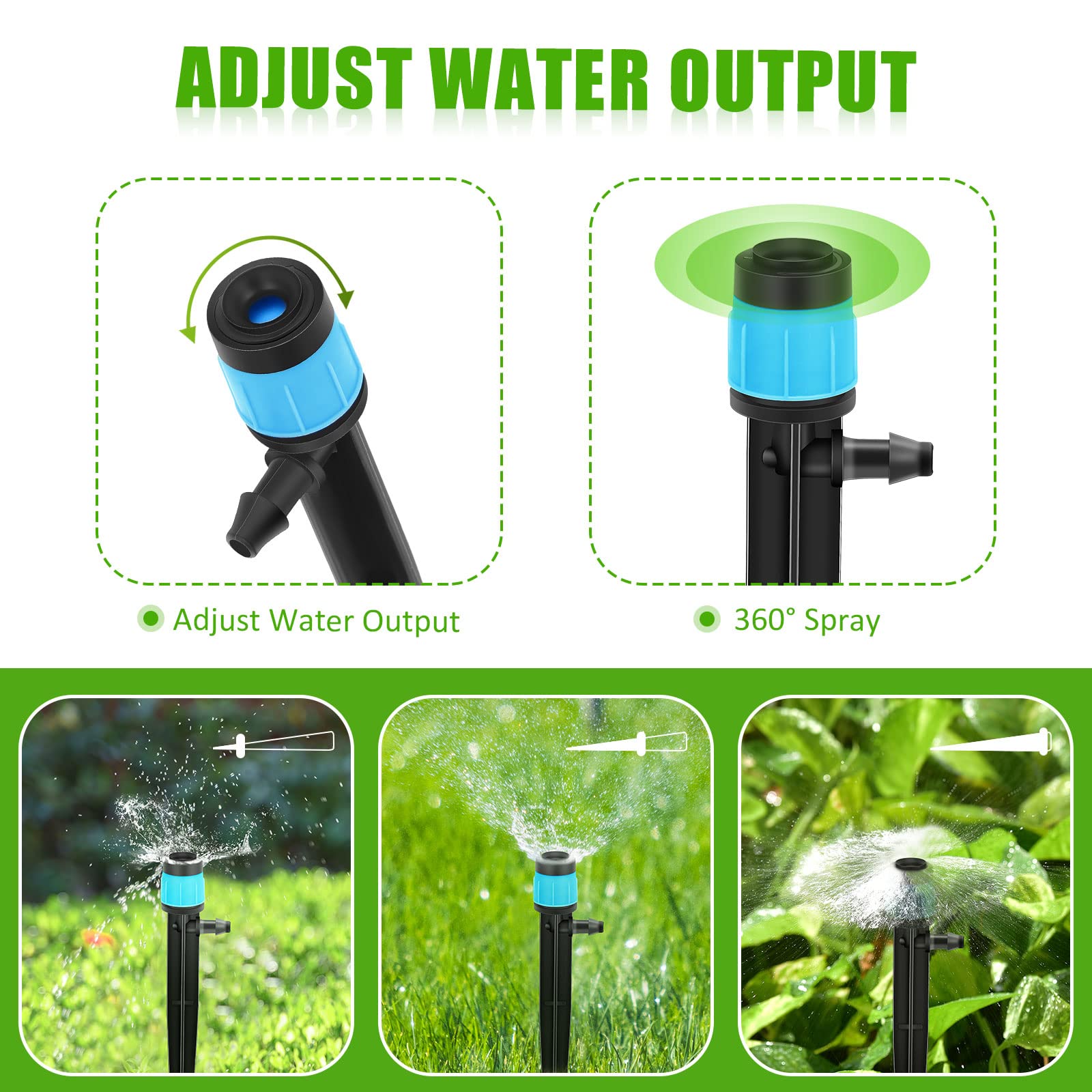 300 Pcs Drip Emitters Irrigation Sprinkler Adjustable Water Flow with Stake 360 Degree for 1/4 Inch Irrigation Tube Hose Irrigation Sprayer Head Drip Sprayer System Garden Watering Fan Shape Dripper