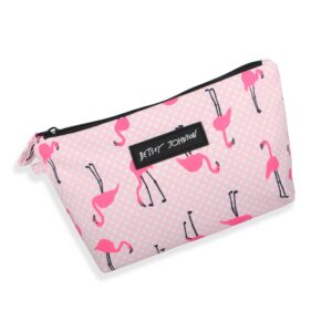 betsey johnson 8.5 inch zipper cosmetic pouch small toiletry bag–lightweight durable polyester organizer with inner zipped pocket good for makeup accessories and travel needs (flamingo strut)