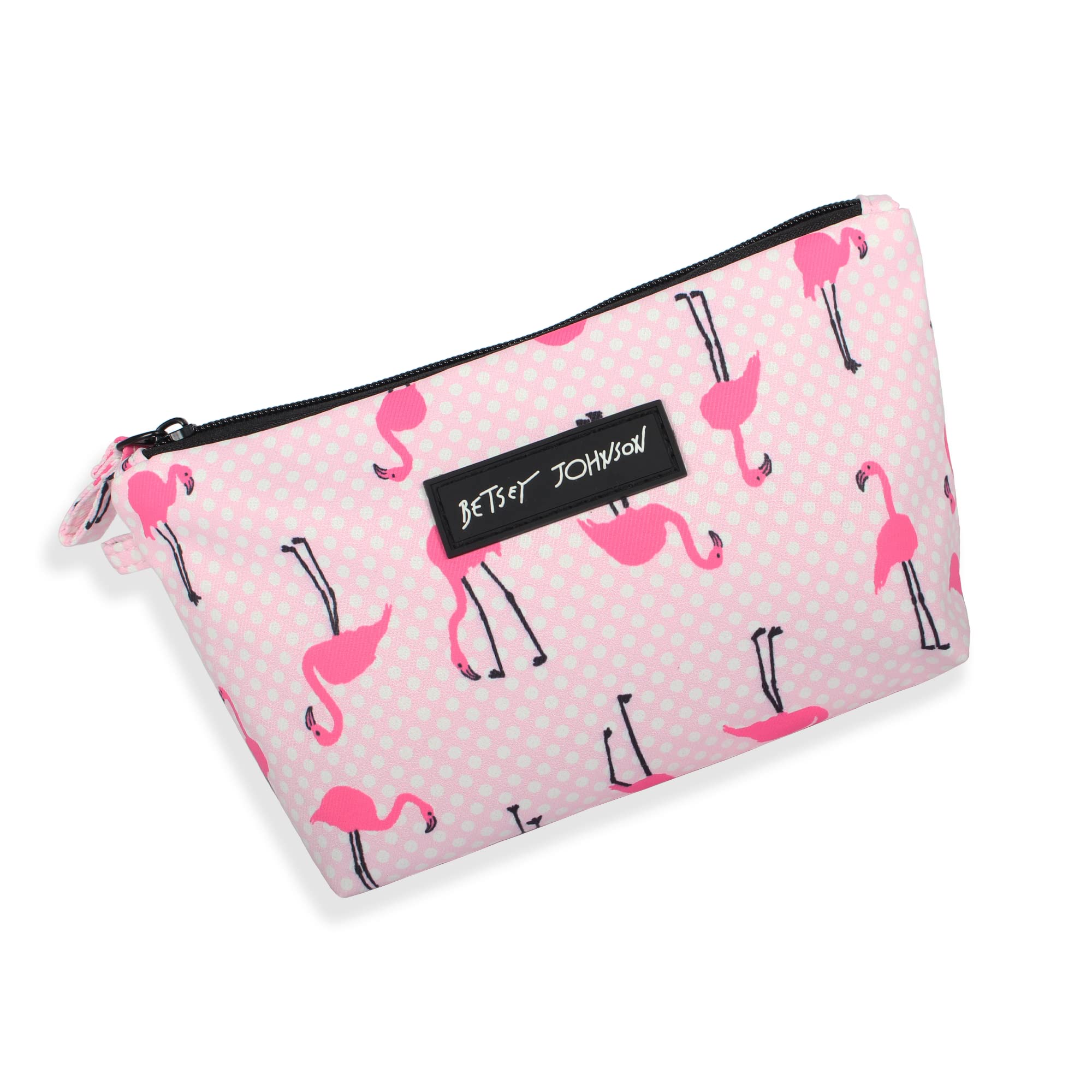 Betsey Johnson 8.5 Inch Zipper Cosmetic Pouch Small Toiletry Bag–Lightweight Durable Polyester Organizer with Inner Zipped Pocket Good For Makeup Accessories and Travel Needs (Flamingo Strut)