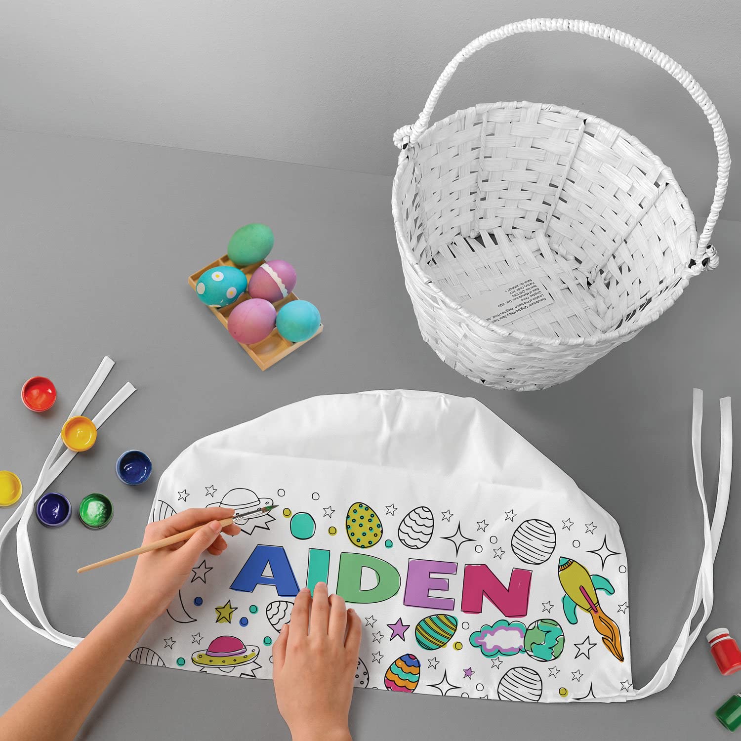 Space Theme DIY Personalized Easter Egg Basket with Handle and Custom Name | Color It Yourself Easter Basket Liners | White Basket | Woven Easter Baskets for Kids | Customized Easter Basket