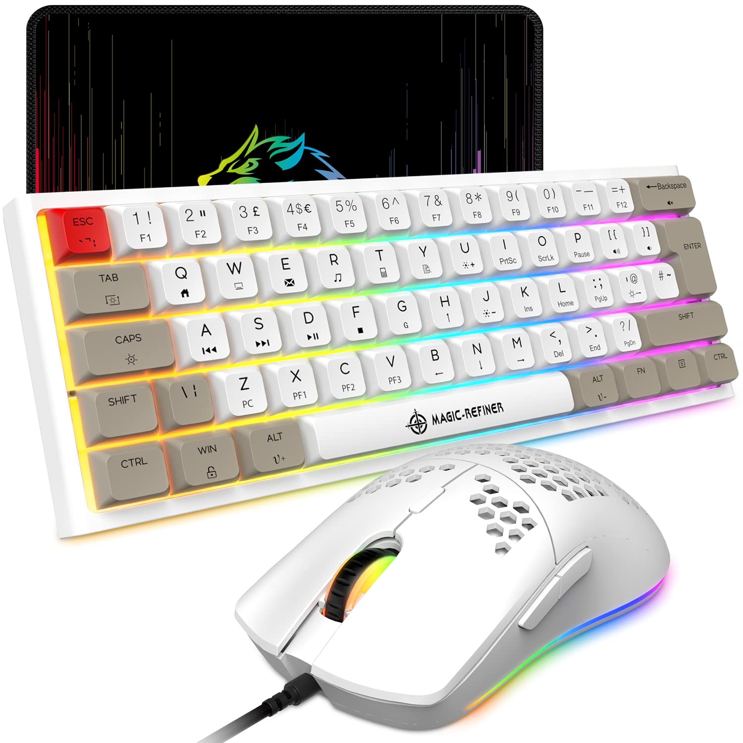 MAGIC-REFINER 60% Gaming Keyboard and Mouse Combo,PBT Dye Sublimation Keycap,Wired Ergonomic Mechanical Keyboard+RGB Lightweight Honeycomb Mouse,12000 DPI Optical Sensor for PC/Mac (White/Red Switch)