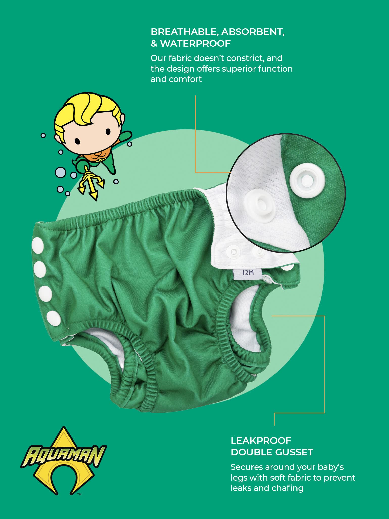 Simple Being Adjustable Snap Reusable Swim Diaper, Double Gusset (DC Aquaman 6 Months)