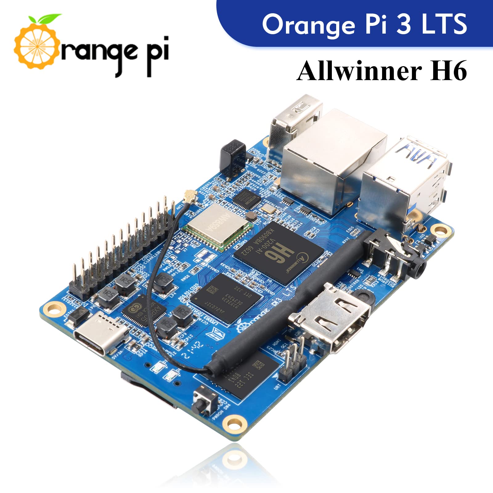 Orange Pi 3 LTS Allwinner H6 2GB LPDDR3 8GB EMMC Flash Quad Core 64 Bit Single Board Computer Support Android 9.0, Ubuntu, Debian Mini PC (PI3 LTS)