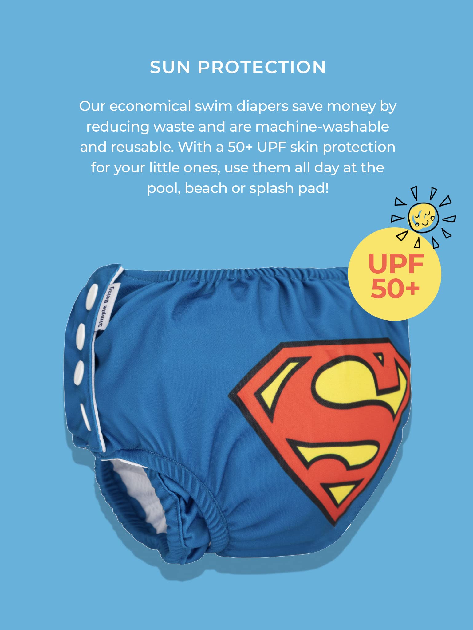 Simple Being Adjustable Snap Reusable Swim Diaper, Double Gusset (DC Superman 18 Months)